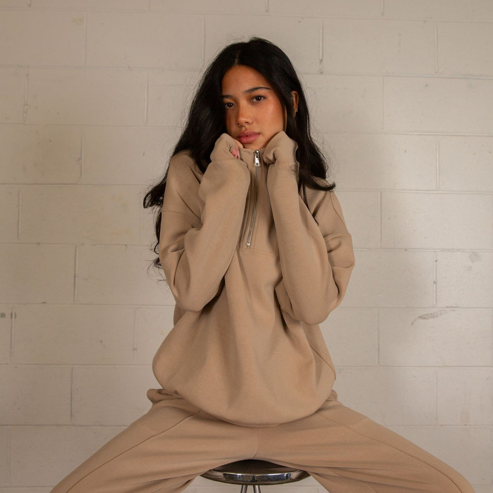 Creamy Latte Oversized Panelled Zip Pullover - Cairo Sweater